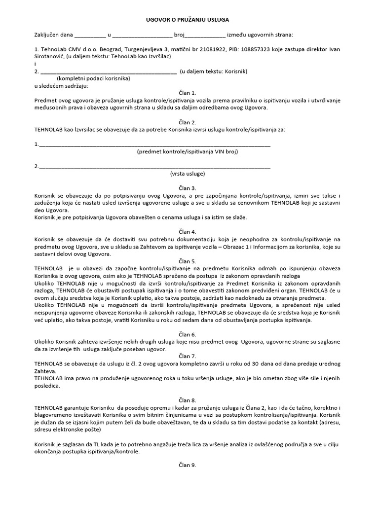 Ugovor o Pruzanju Usluga TehnoLab | PDF