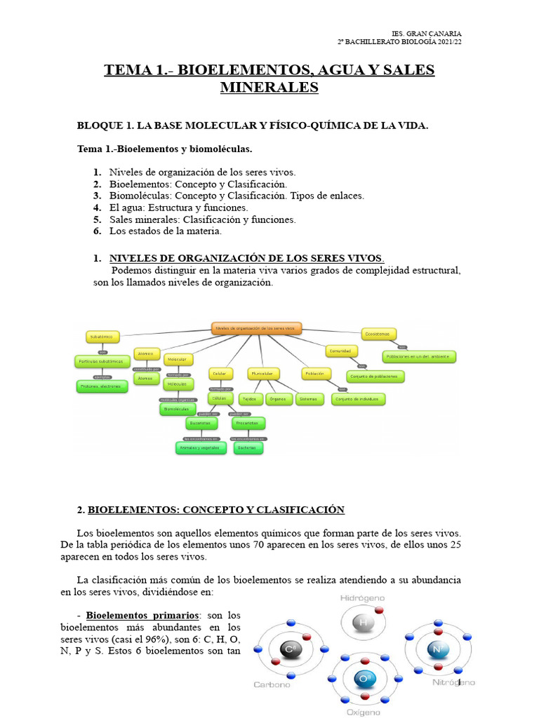 Tema 1 Bioelementos y Biomoleculas | PDF | Polaridad química | Propiedades del agua