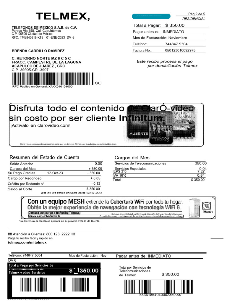 Recibo Telmex 1 | PDF