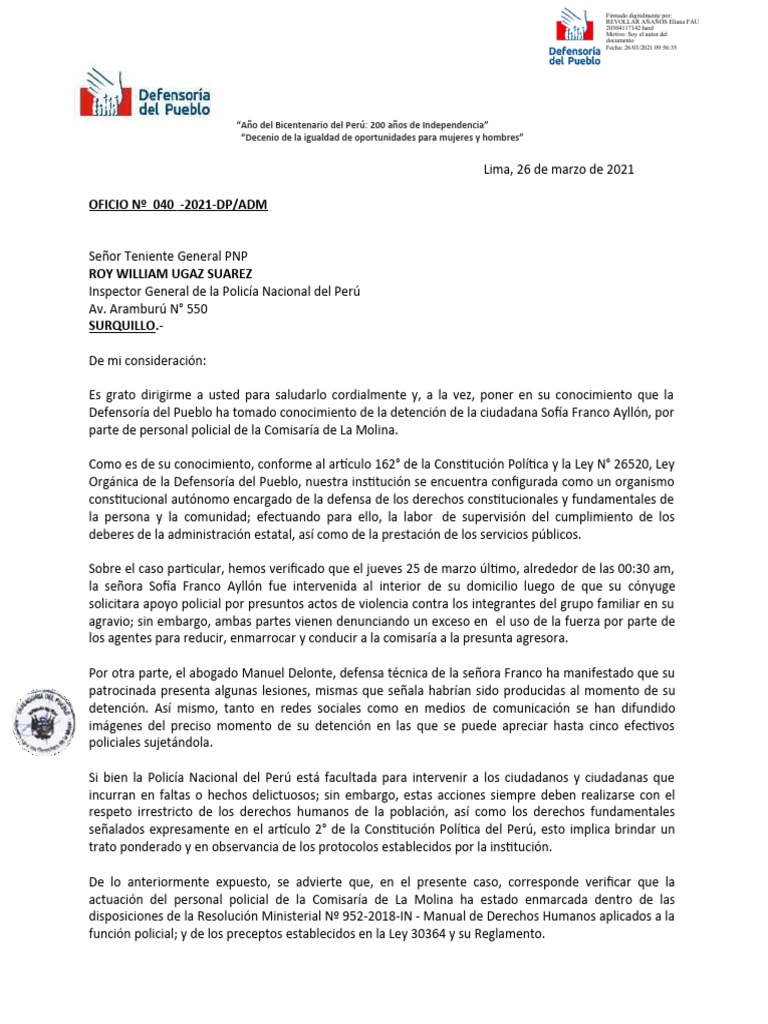 Oficio 040 ADM A Inspectoria PNP Caso Sofia Franco | PDF | Policía | Derecho Constitucional