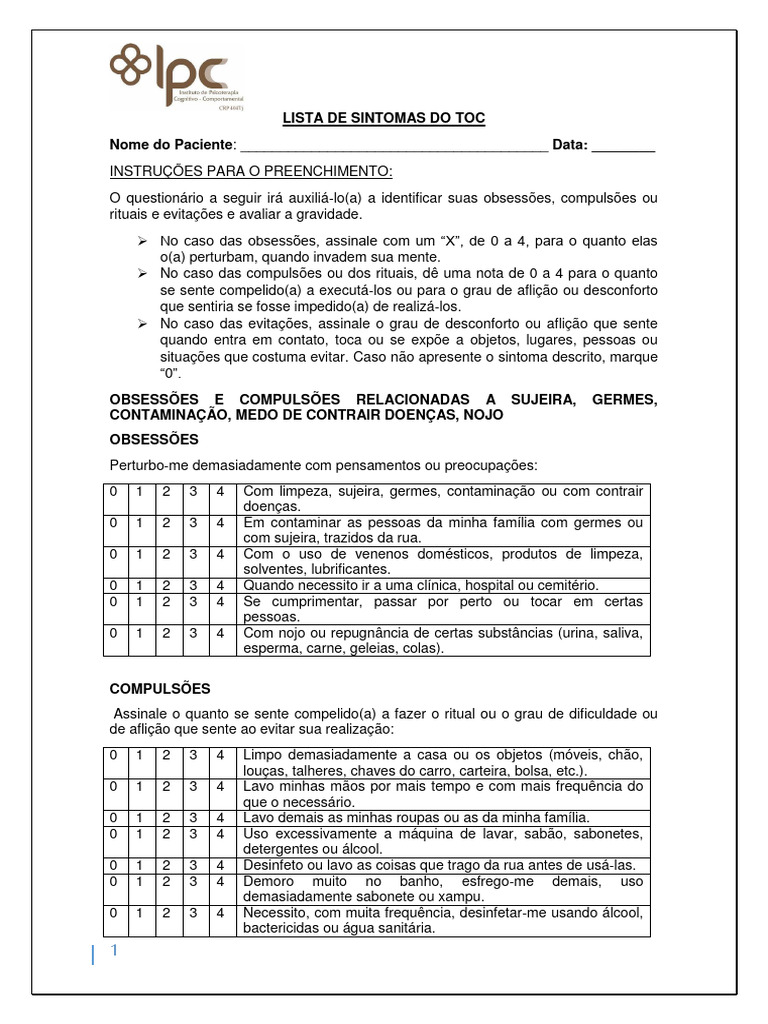 Lista Sintomas TOC | PDF | Transtorno obsessivo compulsivo (TOC)