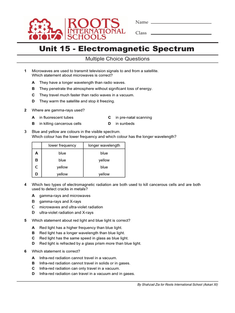 Unit 15: Electromagnetic Spectrum Quiz | PDF | Electromagnetic Spectrum ...