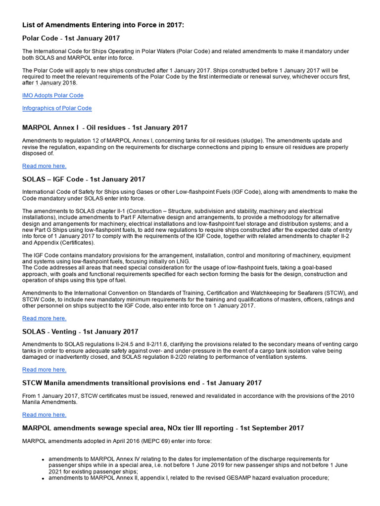 List of MARPOL & SOLAS Amendments Entering Into Force in 2017 | PDF ...