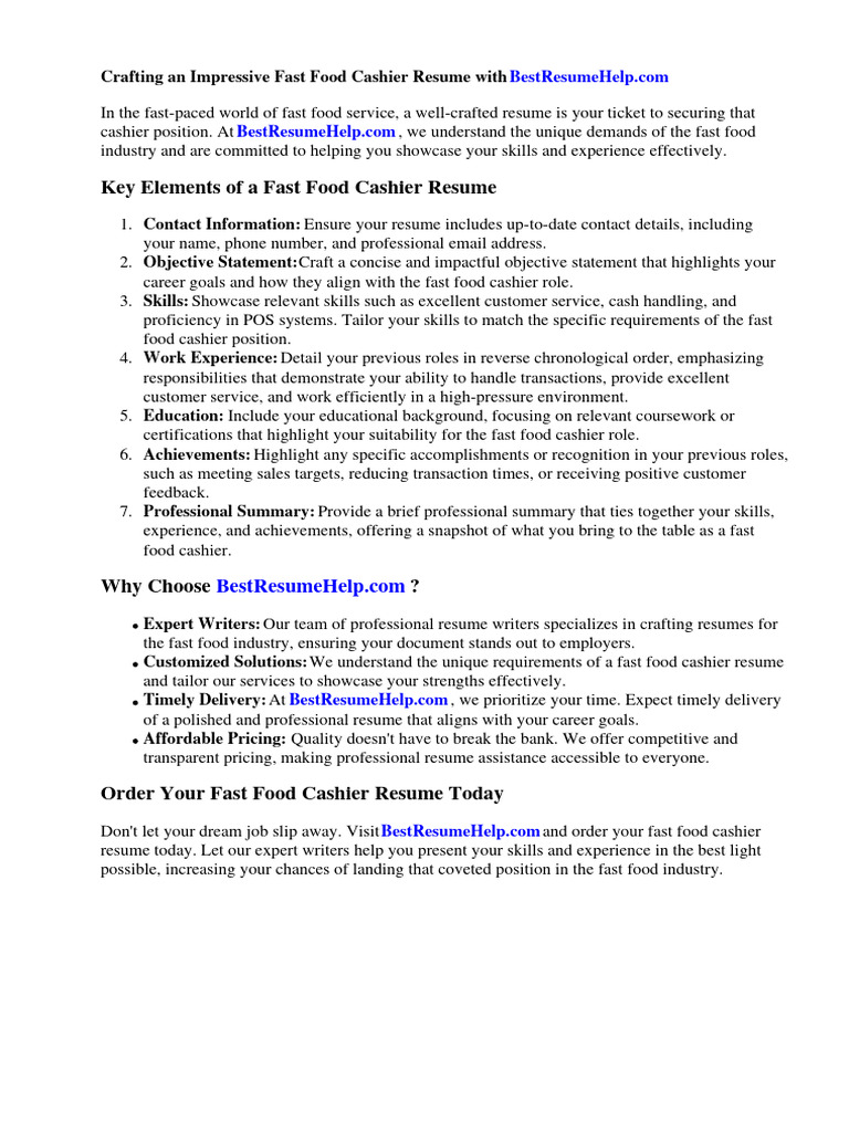 Fast Food Cashier Resume | PDF | Point Of Sale | Résumé