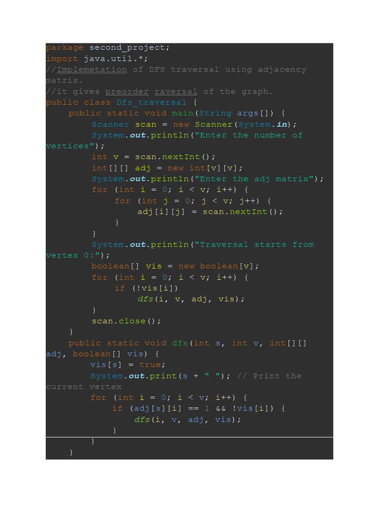 implemetation of DFS Traversal Using Adjacency Matrix. //it Gives Preorder Raversal of The Graph ...