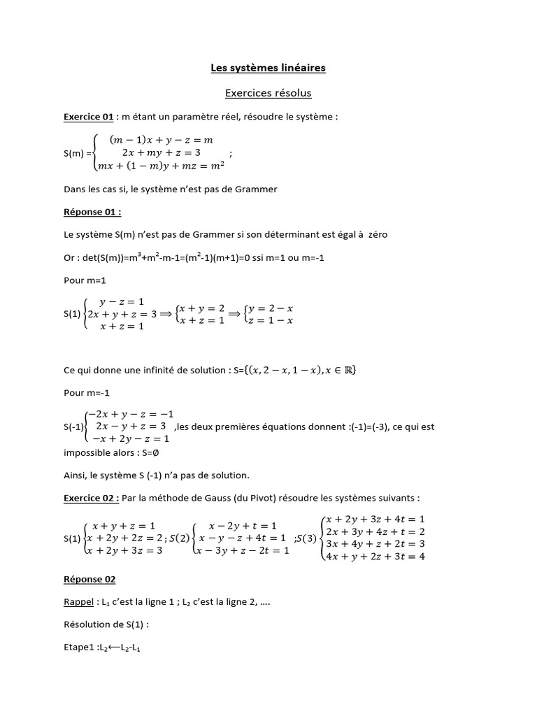 Exercices Corrigés Systèmes Linéaires | PDF | Système d'équations ...