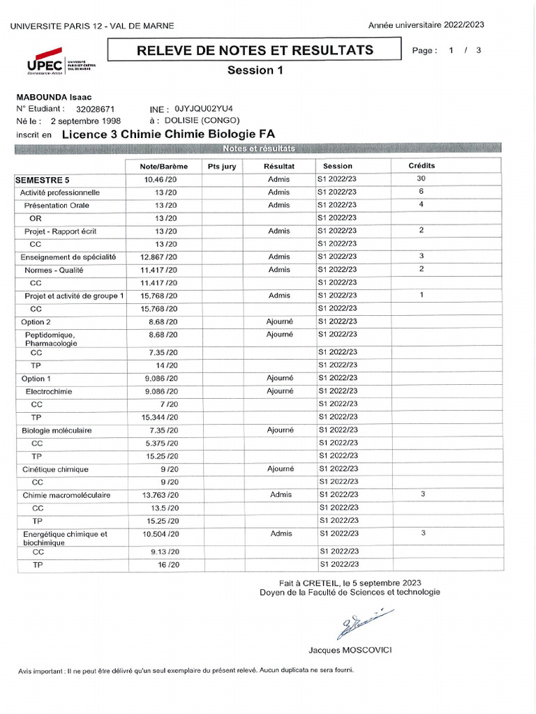 Relevé de Notes Isaac Licence3 | PDF
