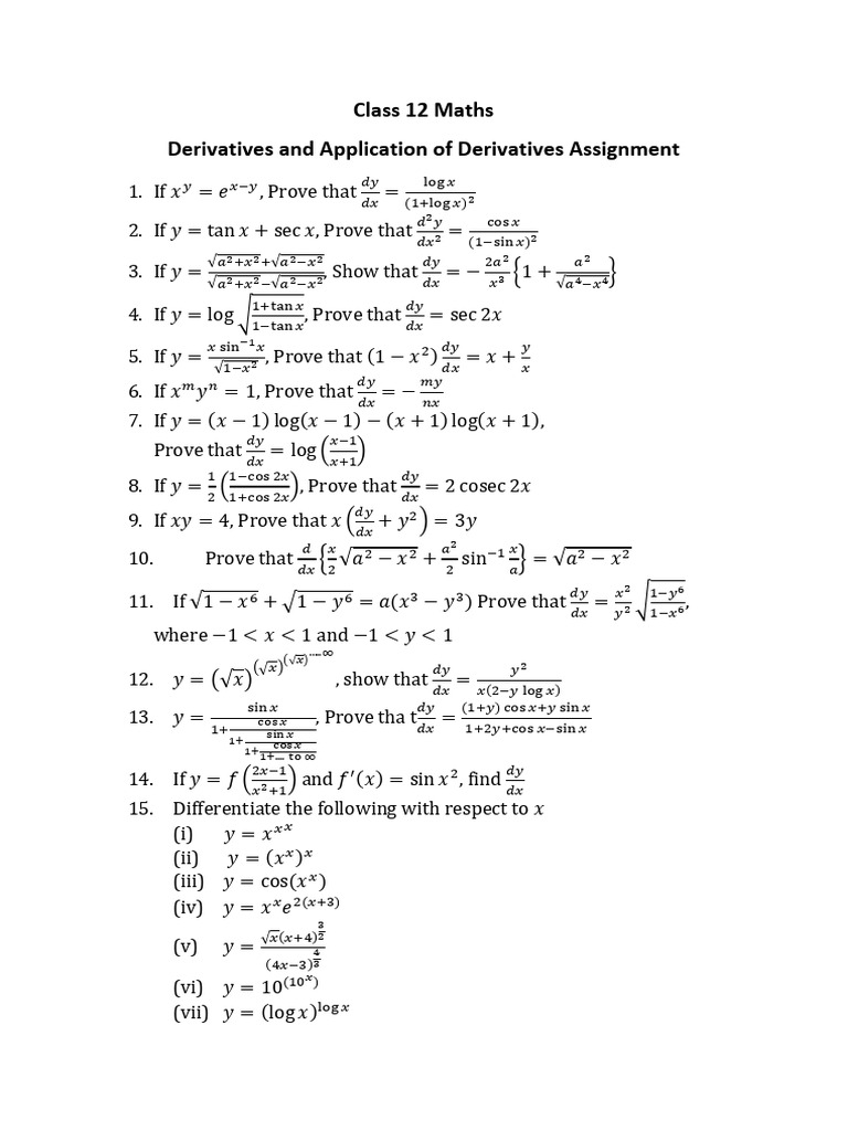 Class 12 Derivatives and Application of Derivatives Assignment | PDF