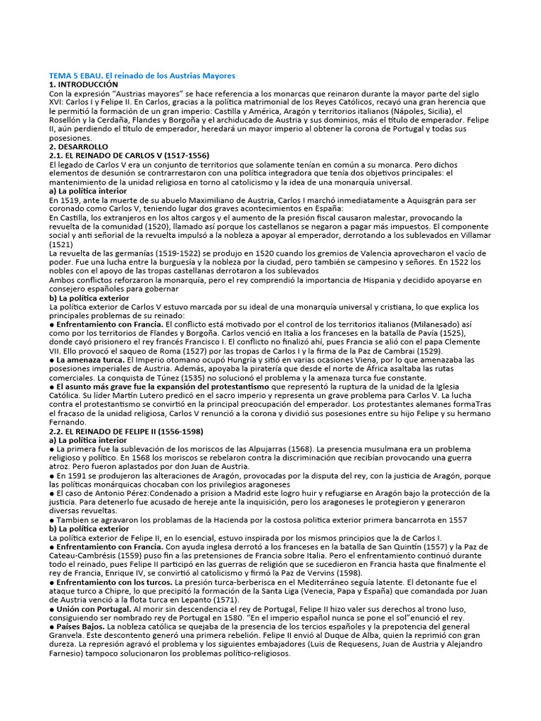 Resumen Tema 5 EBAU. Los Austrias Mayores | PDF | Santo Imperio Romano | Imperio español