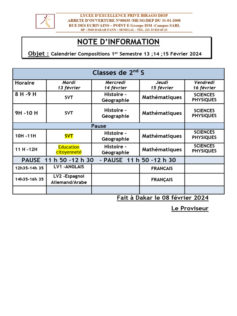 CALENDRIER COMPOSITIONS 2nde S DU PREMIER SEMESTRE 2024 | PDF