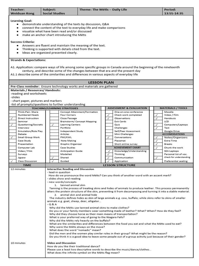 Lesson Plan The Metis | PDF | Lesson Plan | Behavior Modification