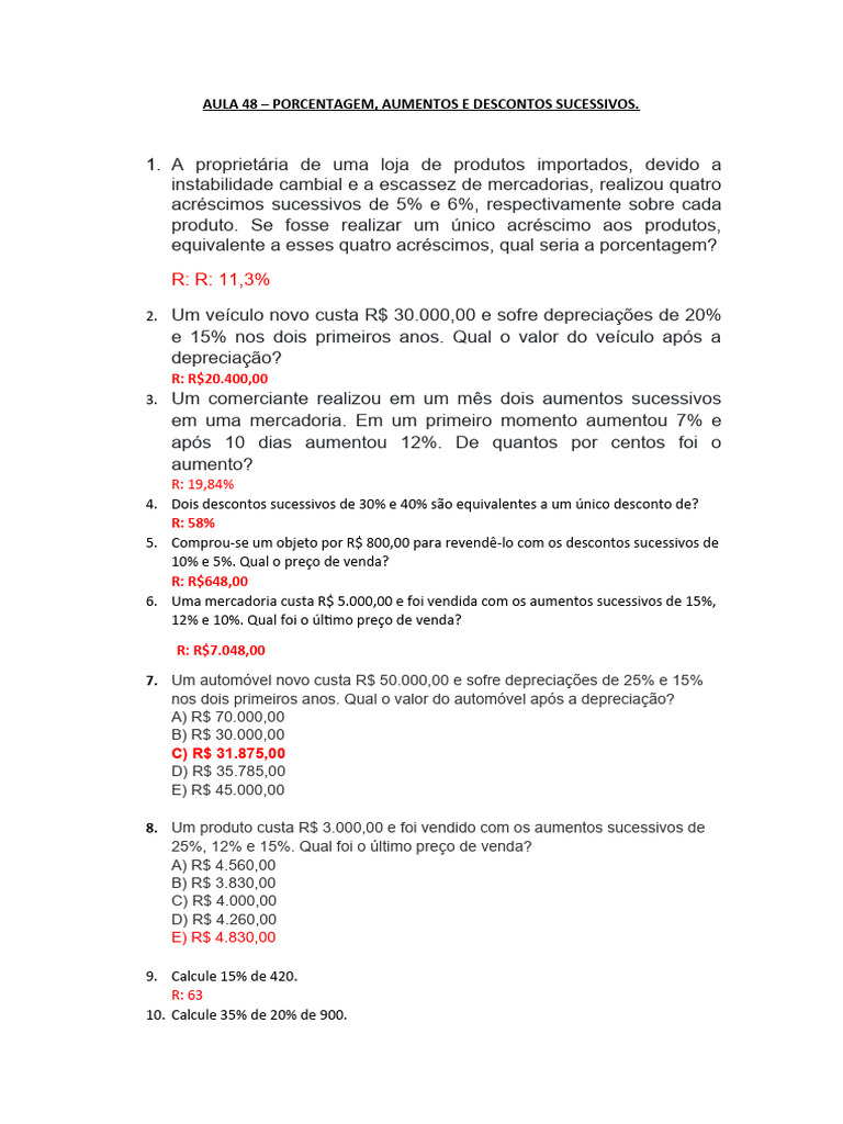 Aula 48 - Porcentagem, Aumentos e Descontos Sucessivos | PDF | Negócios | Direito