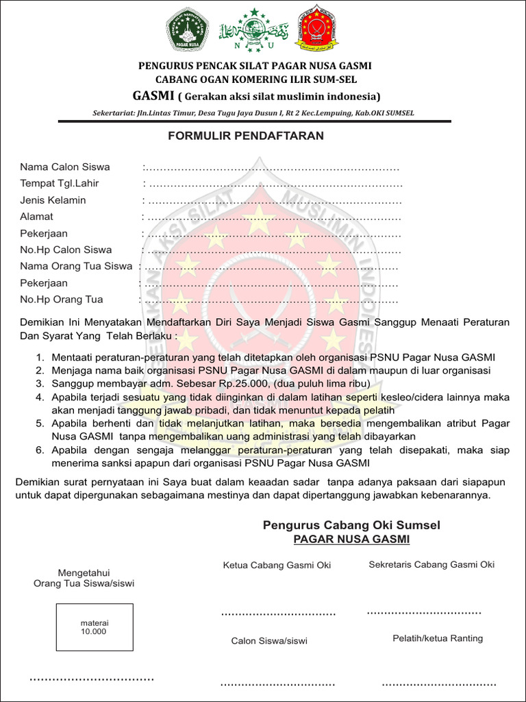 Formulir Pendaftaran Gasmi Pagar Nusa | PDF