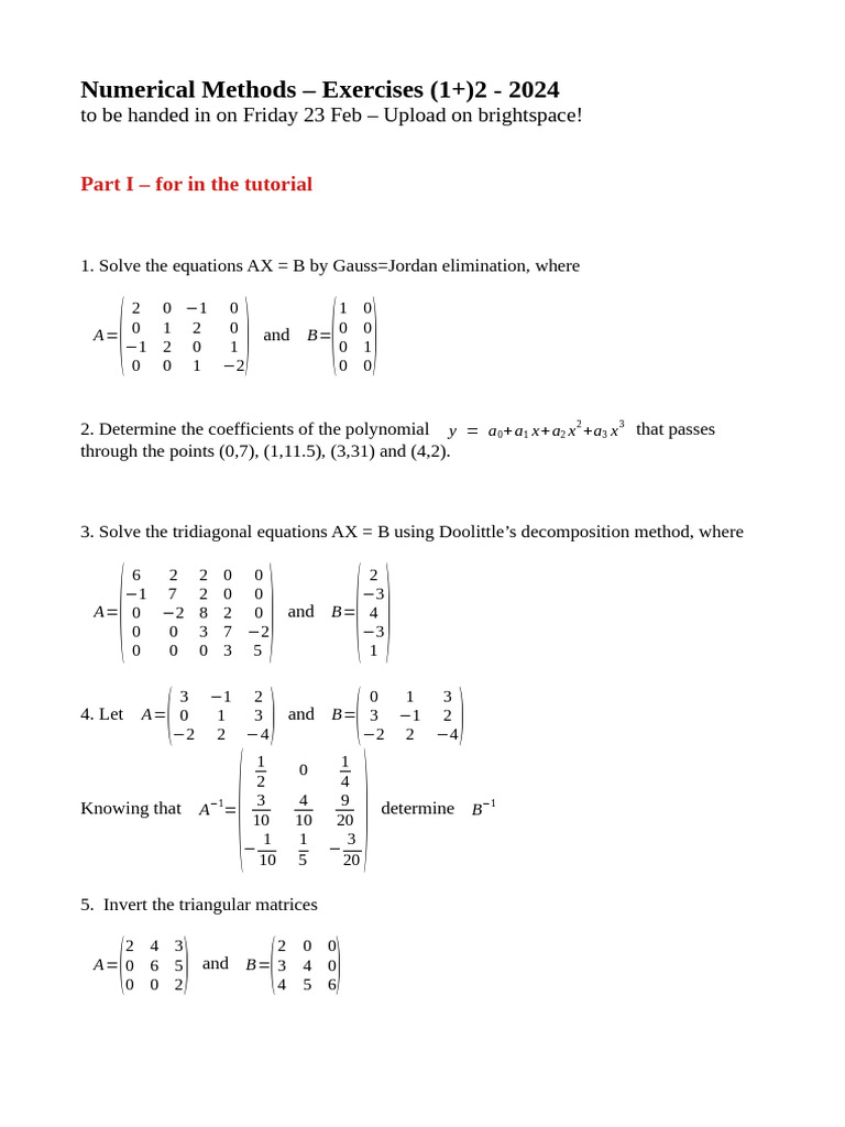 Exercises For Numerical Methods | PDF | Matrix (Mathematics) | Algorithms Exercises For Numerical Methods | PDF | Matrix (Mathematics) | Algorithms