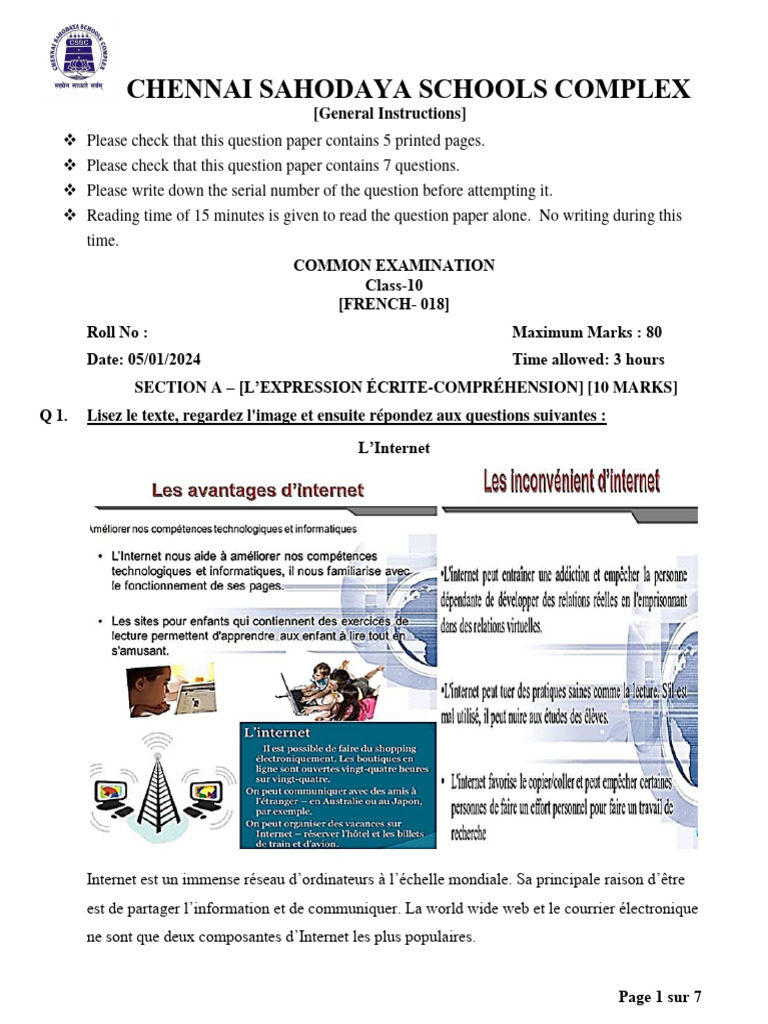 STD X FRENCH CHENNAI SAHODAYA QP & KEY 2023 2024 JAN MFJJ Merged | PDF ...