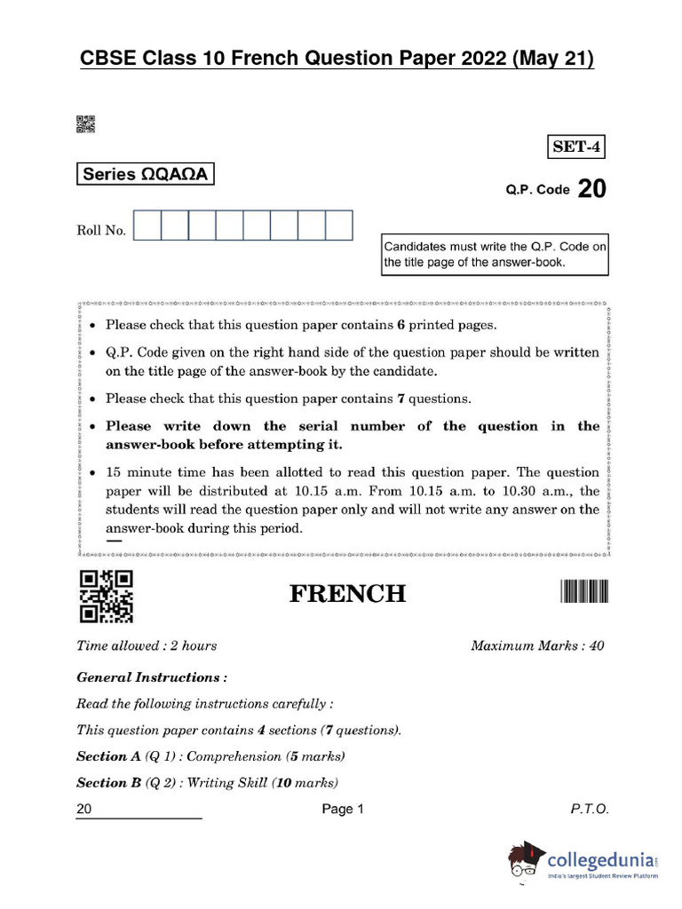 French 2021-2022 Board Question and Answer Papaer | PDF