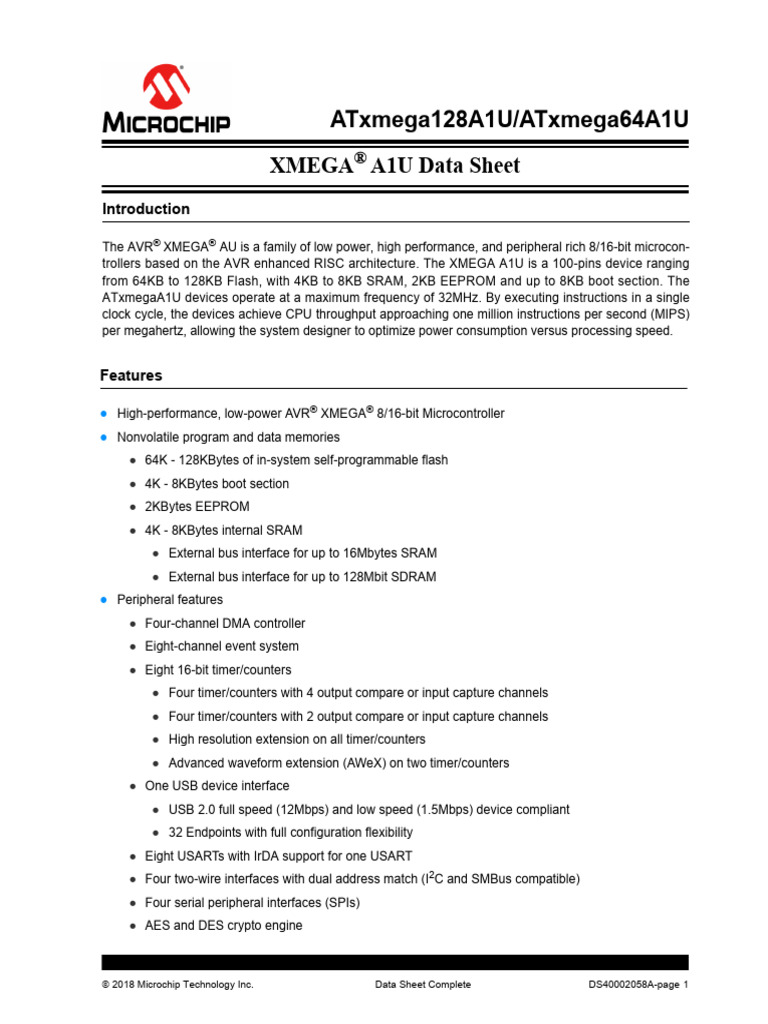 ATxmega128A1U 64A1U Data Sheet DS40002058A | PDF | Microcontroller | Digital Electronics