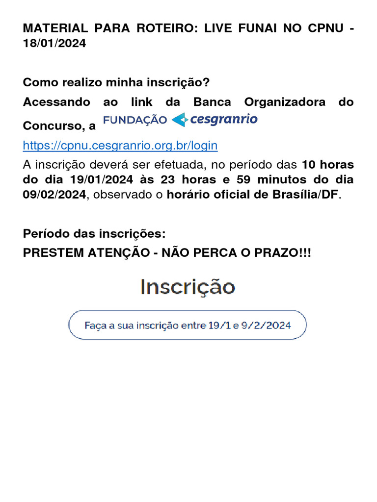 Material para Roteiro Live Funai No CPNU | PDF