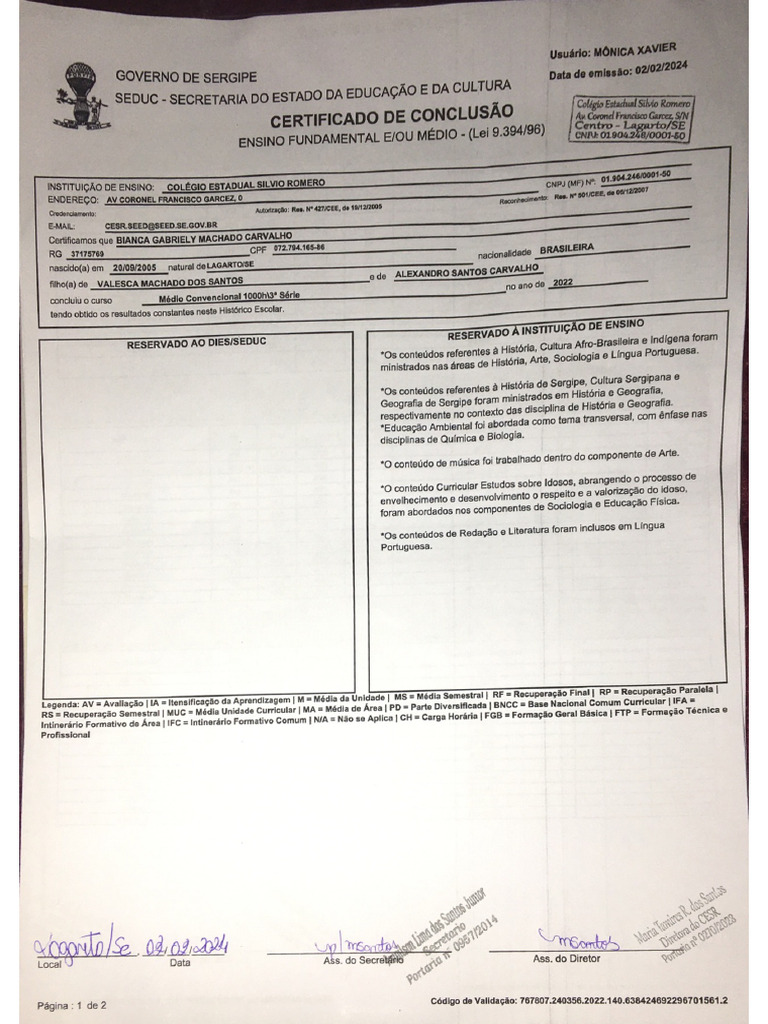 Certificado de Conclusão Frente e Verso | PDF