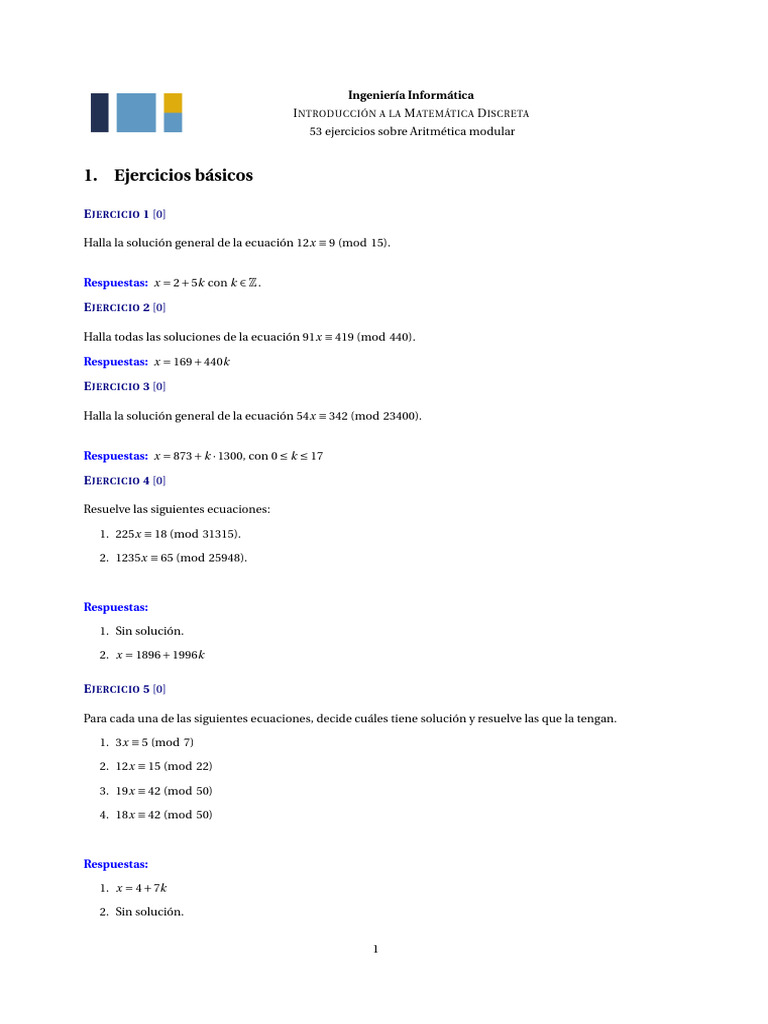 Ejercicios de Aritmética Modular | PDF | Matemática Elemental ...