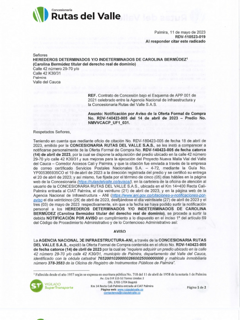 Notificacion Por Aviso de La Oferta Formal de Compra No. rdv-140423-005 ...