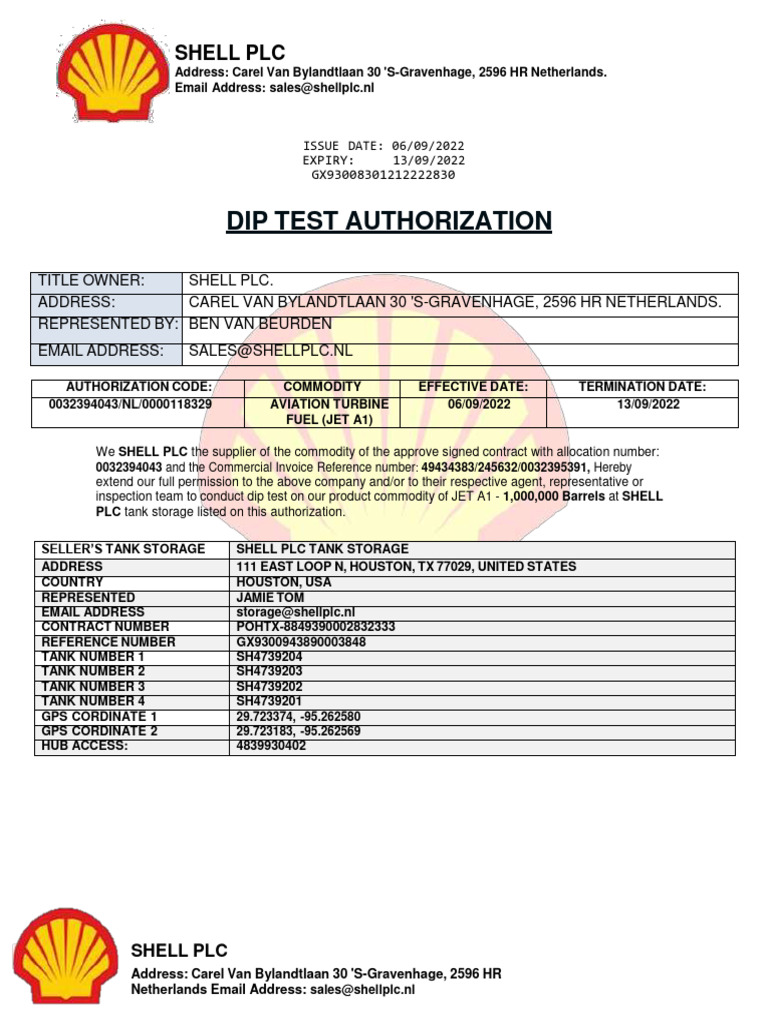 Shell Dip Test Authorization Document | PDF | Business
