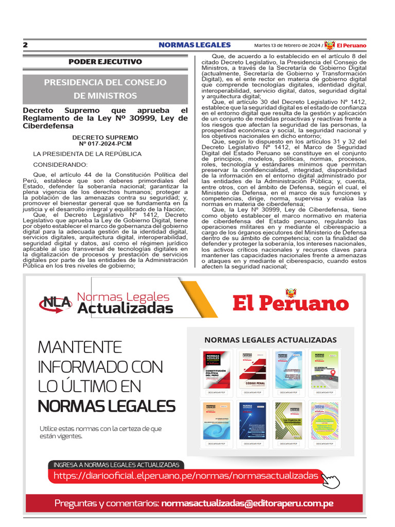 Decreto Supremo N 017 2024 PCM | PDF | Guerra cibernética | Seguridad