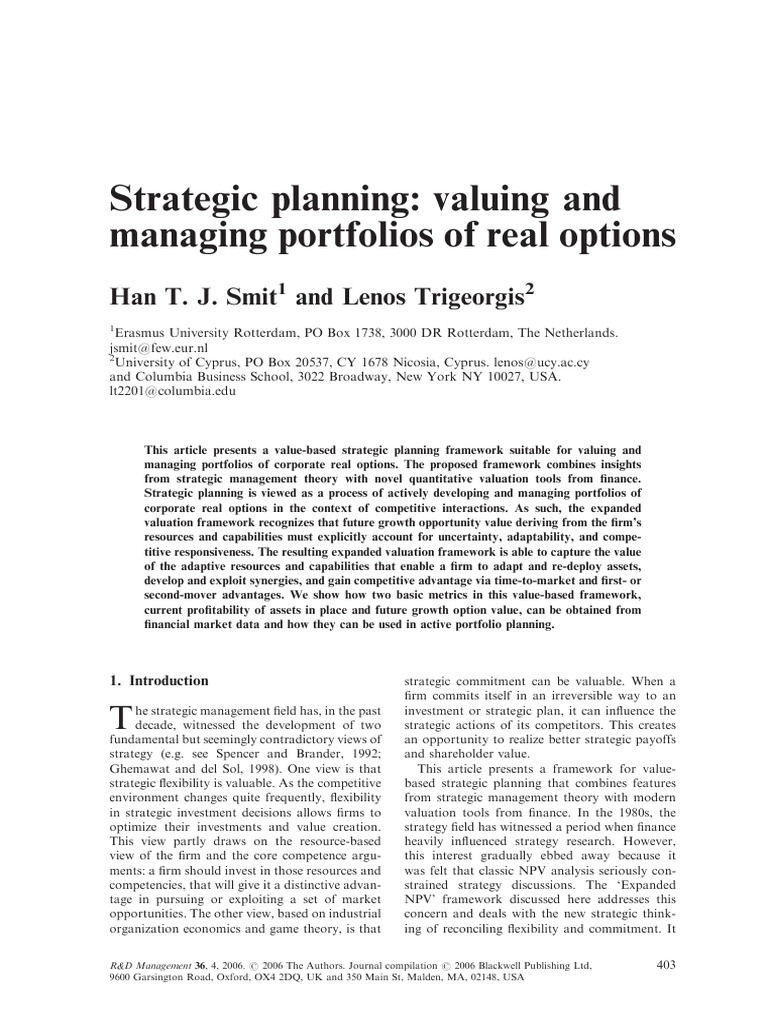 Strategic Planning - Valuing and Managing Portfolios of Real Options | Download Free PDF ...