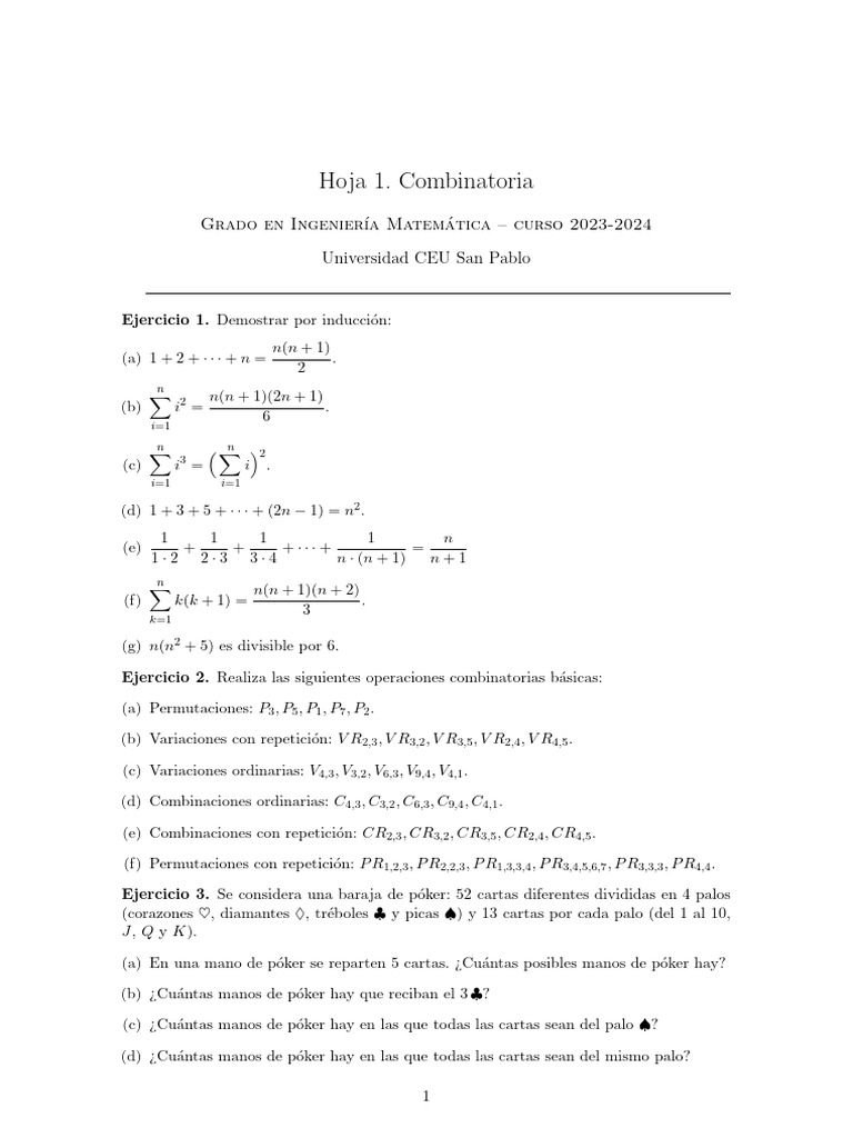 Hoja1 Combinatoria MatDisc 23 24 | PDF | Ajedrez | Ecuaciones