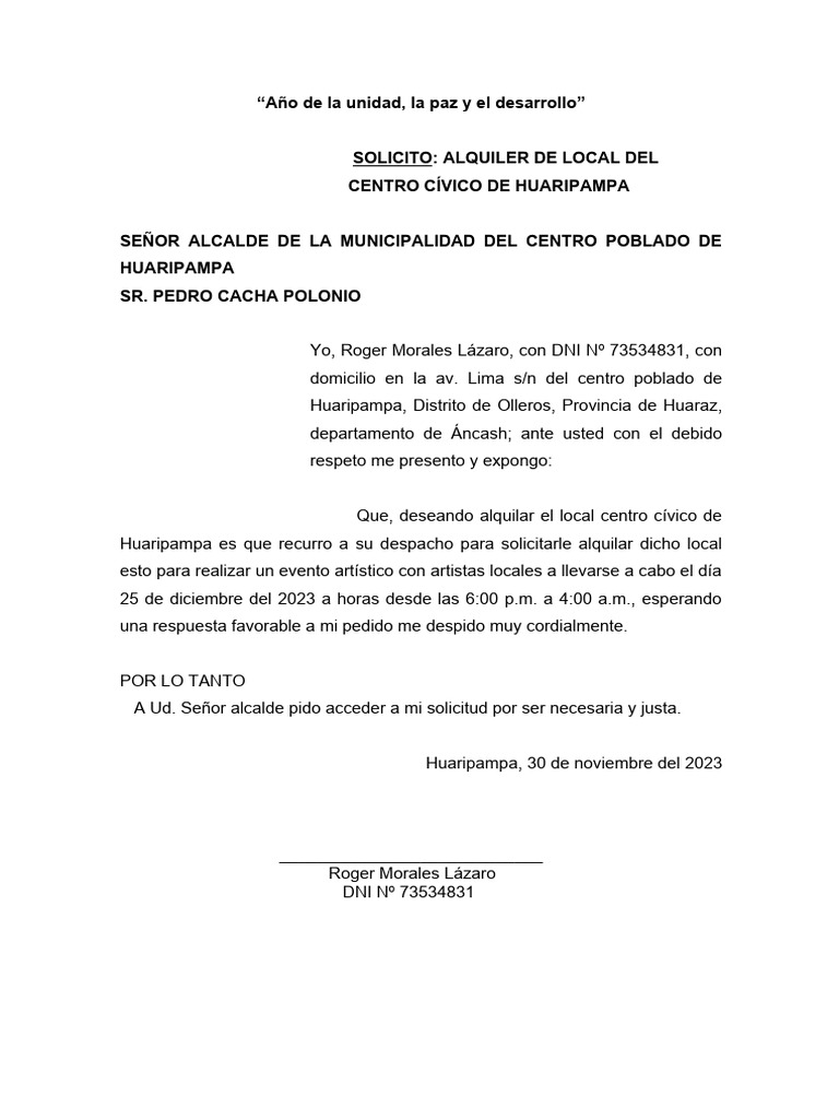 Solicitud de Alquiler Centro Cívico Huaripampa | PDF