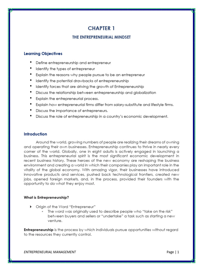 CHAPTER 1 Module The Entrepreneurial Mindset | PDF | Entrepreneurship | Business Economics