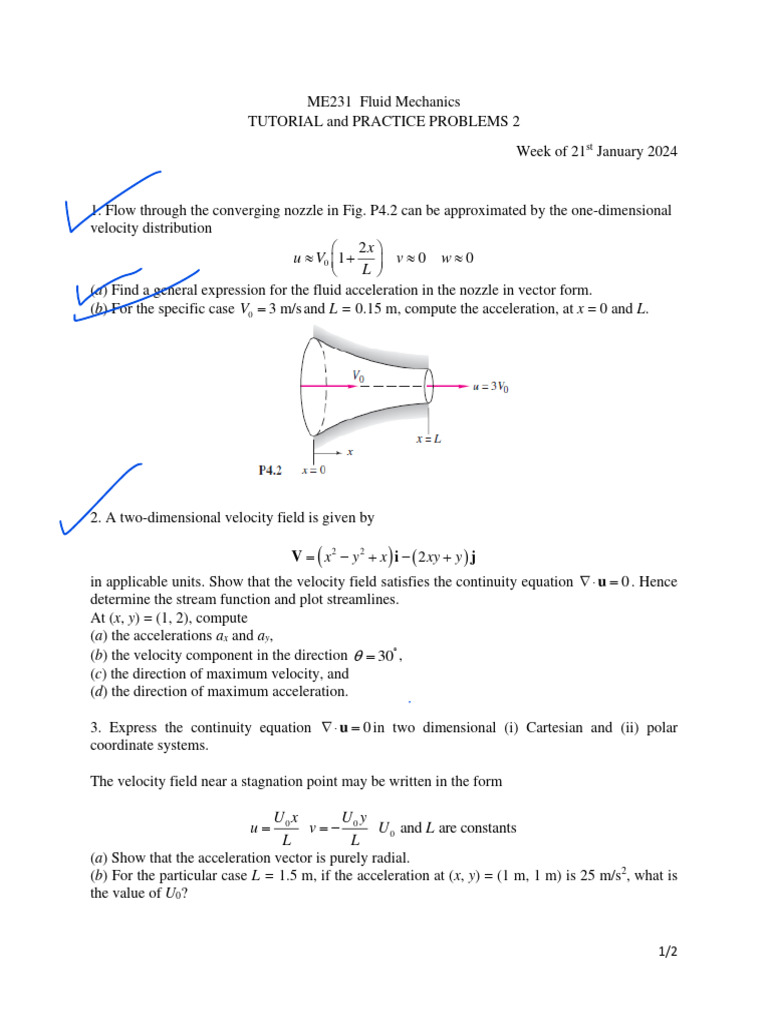 Fluid Mechanics Tutorial Problems | PDF | Velocity | Physics