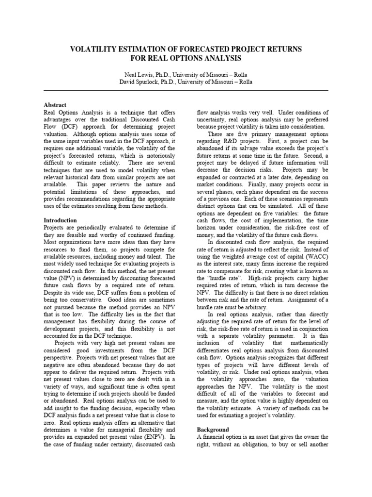 Neal Spurlock Volatility Estimation of Forecasted Project Returns for Real Options Analysis ...