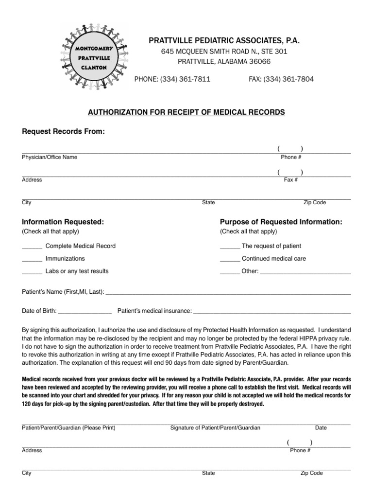 Authorization For Receipt of Medical Record | PDF | Medical Record ...