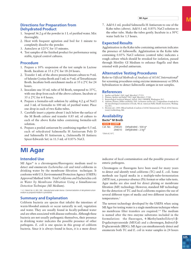 MI Agar | PDF | Escherichia Coli | Water