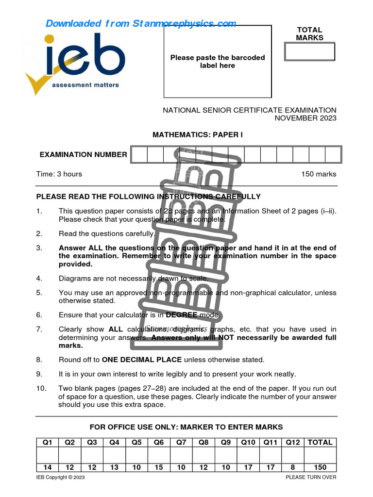 IEB Maths Grade 12 November 2023 P1 Only | PDF