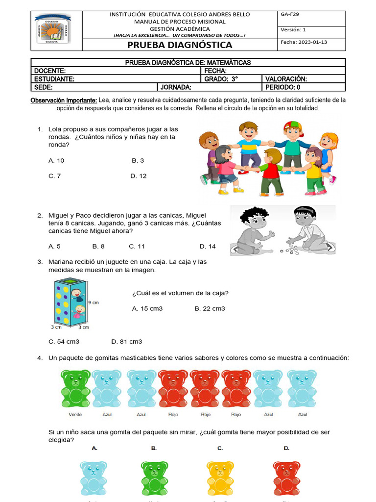 Prueba Diagnostica de Matematicas Grado 3 - 2024 | PDF