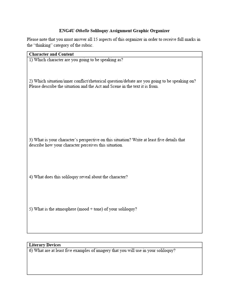 ENG4U Othello Soliloquy Graphic Organizer | PDF