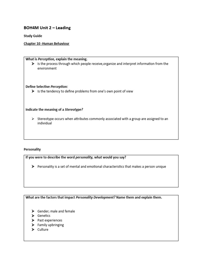 BOH4M Unit 2 Study Guide: Leadership & Behavior | PDF | Leadership ...