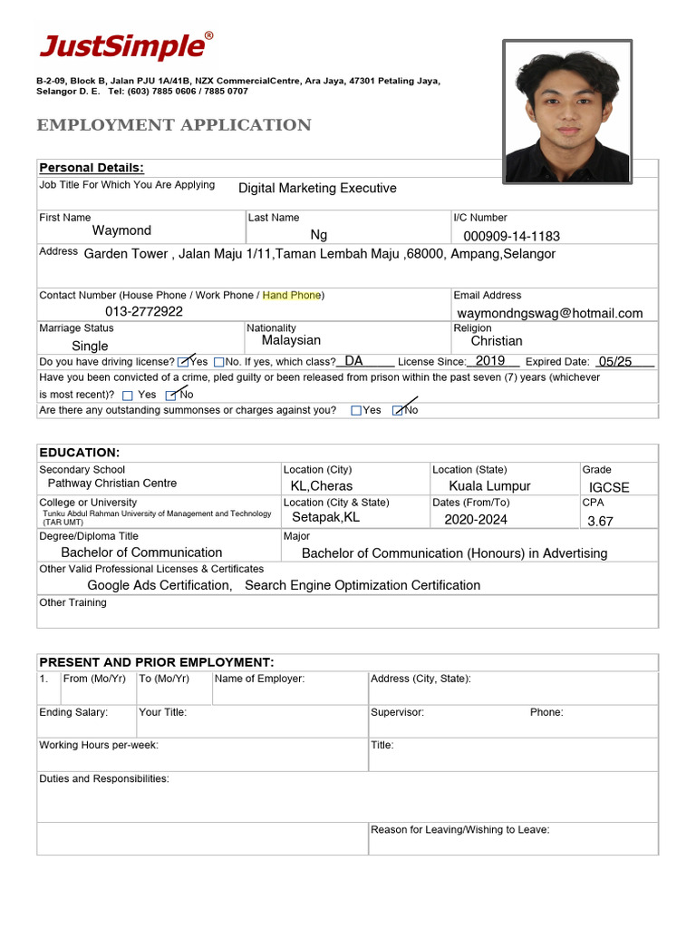 Js Employment Application Form 2023 | PDF | Business