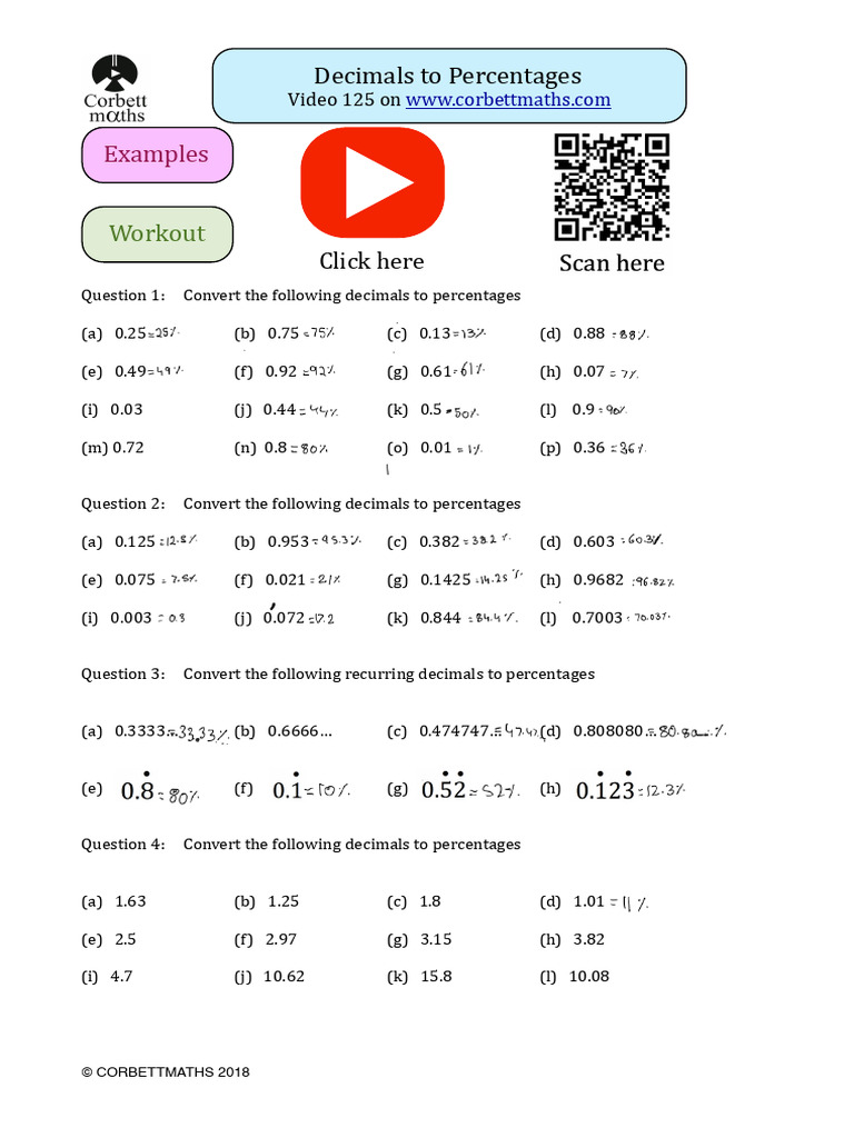 Decimals To Percentages Worksheet | PDF | Arithmetic | Elementary ...