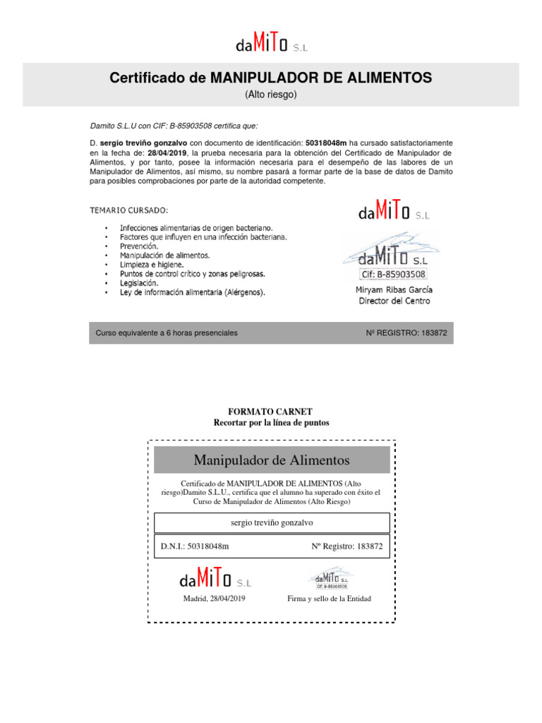 Certificado Manipulador Alimentos | PDF