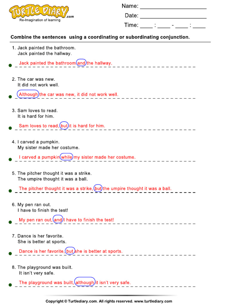 Answer Combining Sentences With Conjunctions | PDF
