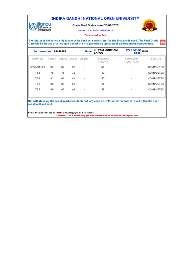 IGNOU Grade Card Status Update | PDF