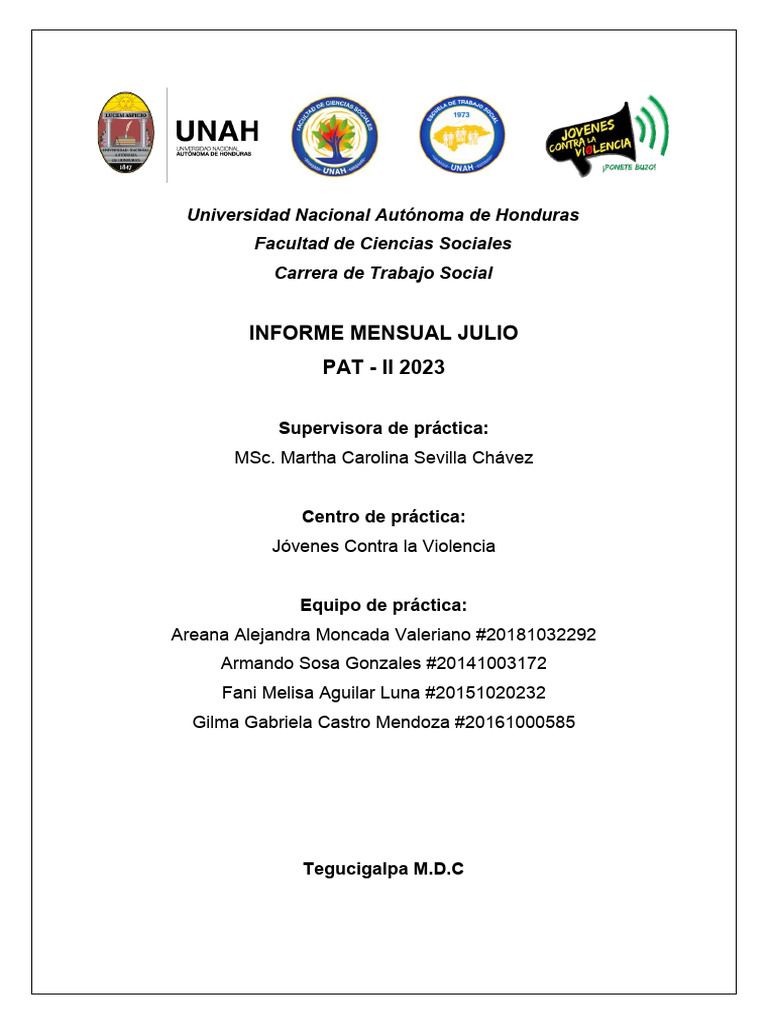 Informe Mensual Julio 2023, JCVH - Unah | PDF