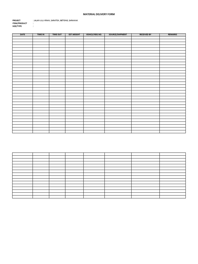 Material Delivery Form - 000 | PDF