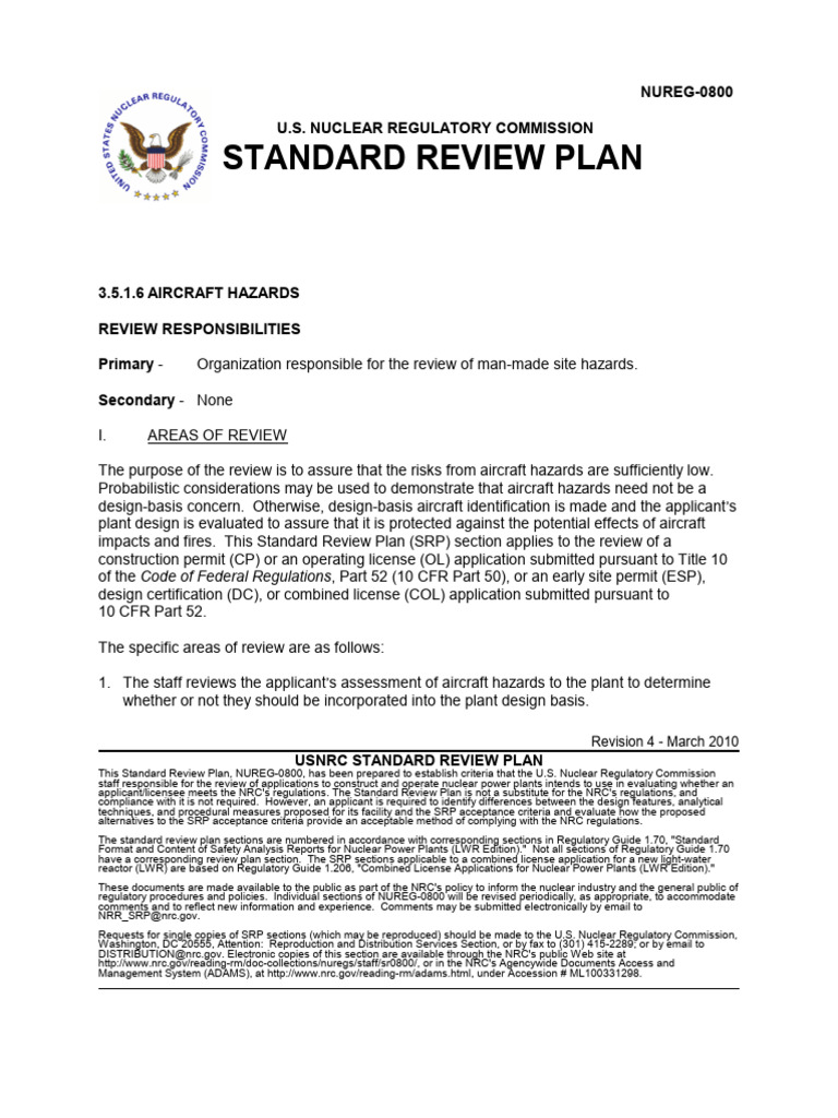 Nureg 0800 3.5.1.6 Aircraft Hazards | PDF | Nuclear Regulatory Commission | Nuclear Power