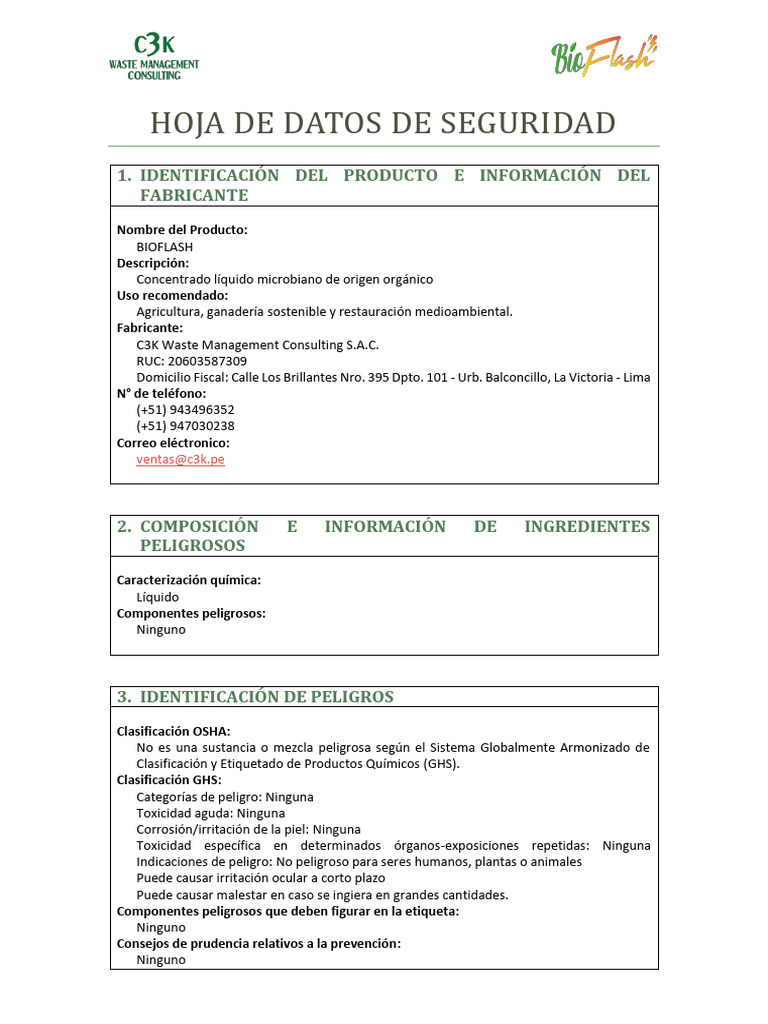 MSDS Bioflash | PDF | Agua | Toxicidad