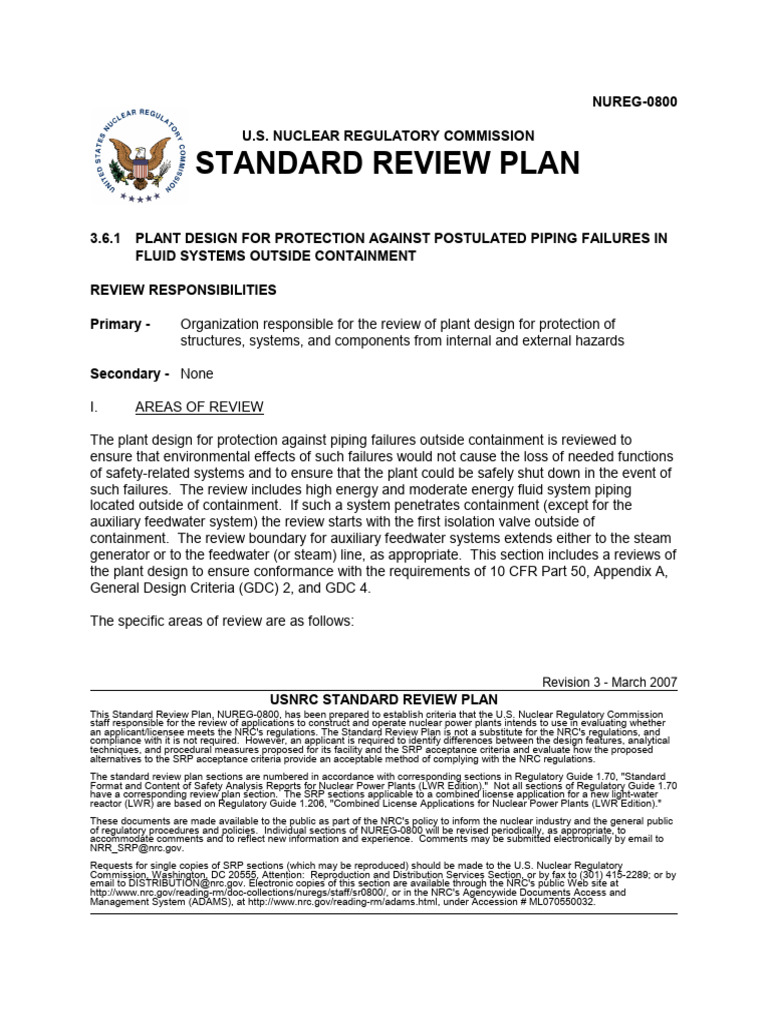 Nureg 0800 3.6.1 Plant Design For Protection Against Postulated Piping ...