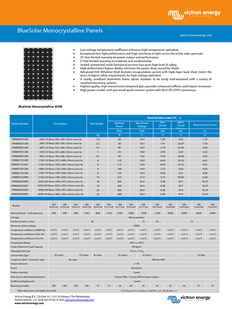 Datasheet BlueSolar Monocrystalline Panels EN | PDF | Equipment ...